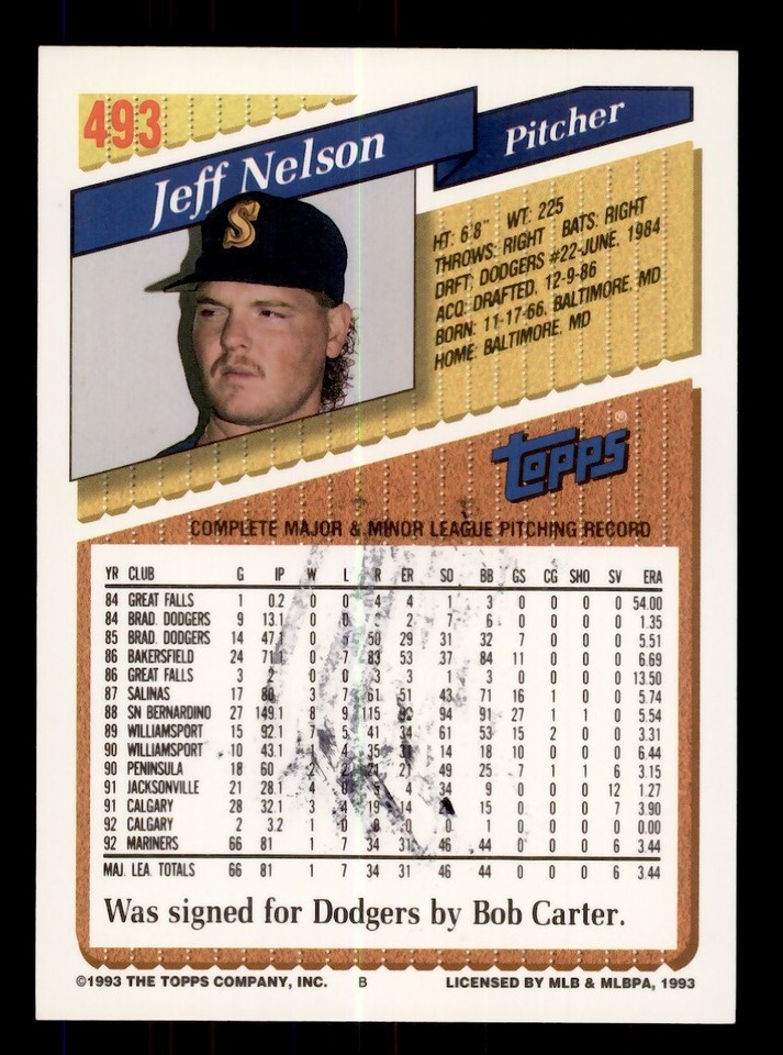 SIGNED 1993 TOPPS #493 JEFF NELSON AUTOGRAPH SEATTLE MARINERS | eBay