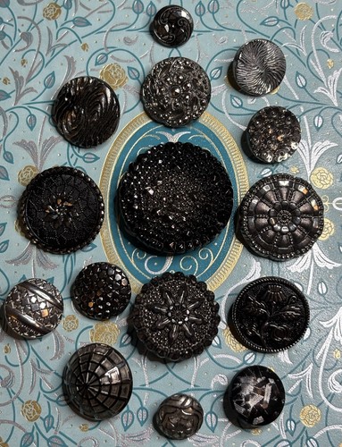 15 Vintage Black Glass Silver Luster Buttons Art Deco Plants Geometric ...