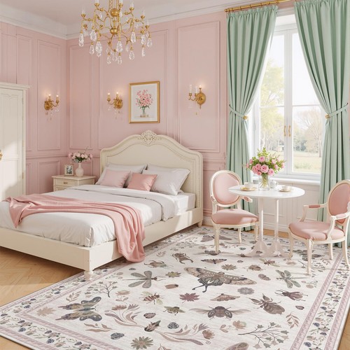 Floral Pink Rugs for Bedroom Girls 6x9 - Insect Print Cute Girly Rug ...