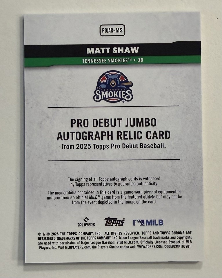 2025 TOPPS PRO DEBUT MATT SHAW JUMBO AUTOGRAPH RELIC GREEN 66/99 CUBS # ...