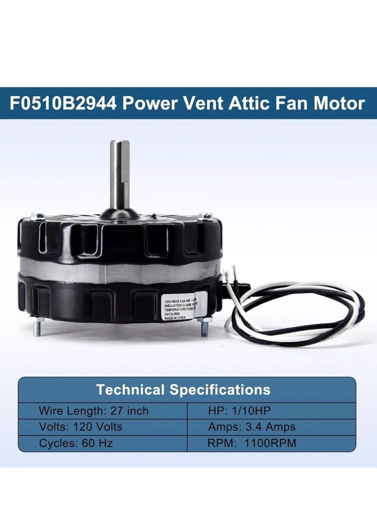 Lomanco F0510B2944 1100 RPM 1/10 hp 120V Power Vent Motor Replacement ...