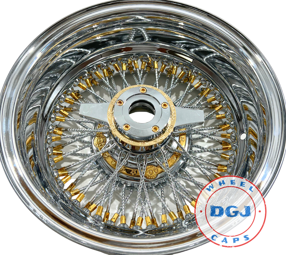 DGJ WHEELS 14x7 Rev 72 Diamond Spokes Gold Nip+Hub Ring Lowrider Wire ...