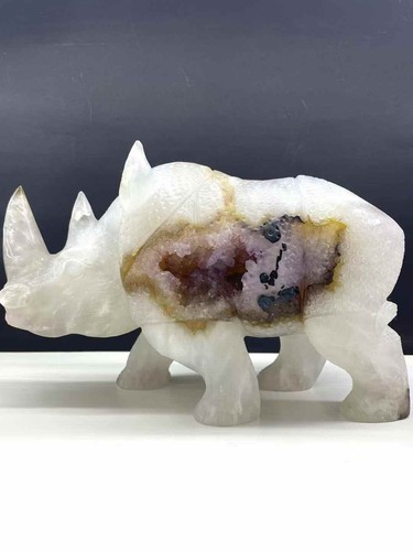 9LB Natural Amethyst Agate Quartz Carved Crystal Rhinoceros Skull Reiki ...
