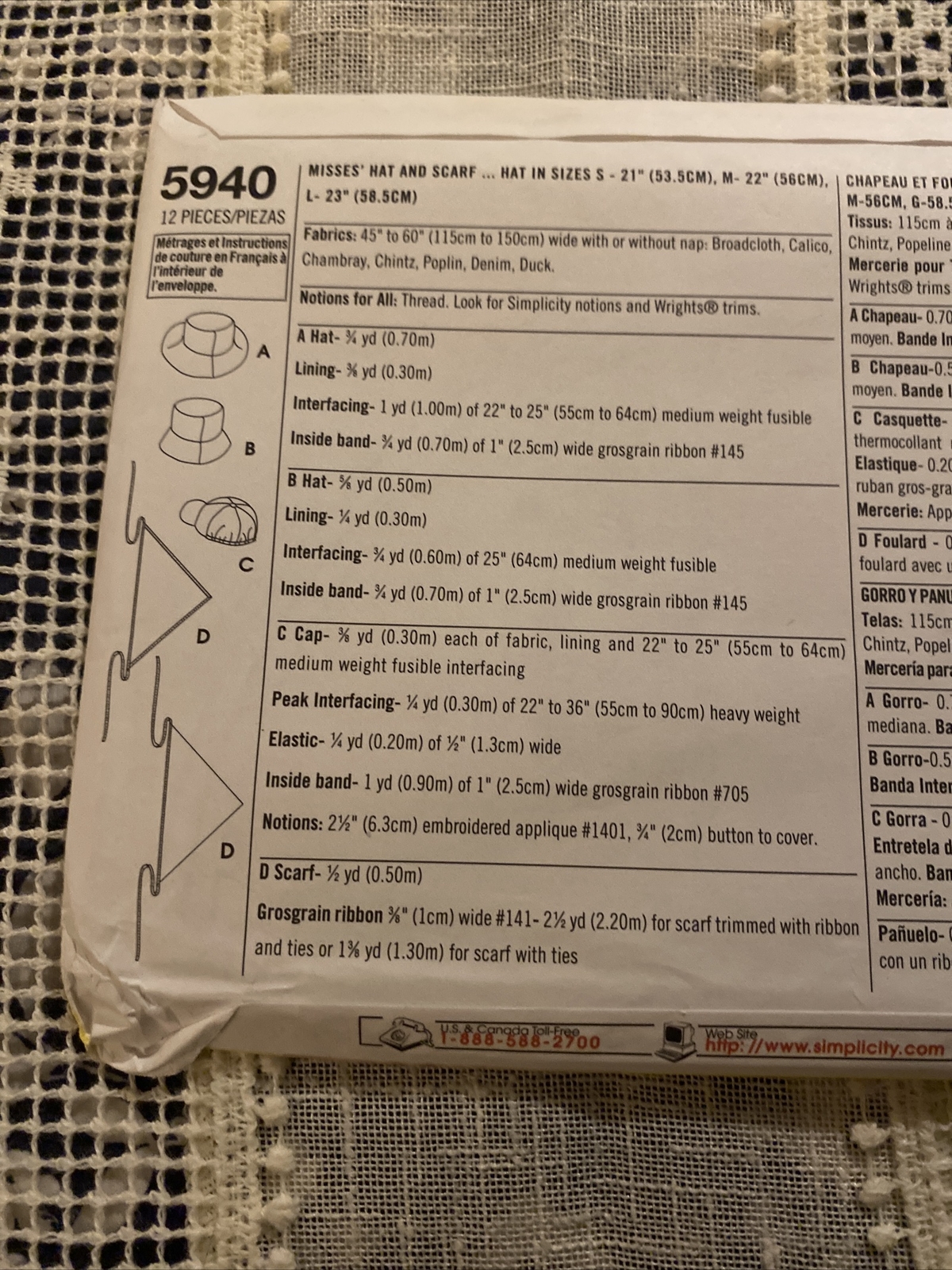 Simplicity 5940 Misses' Hats and Scarfs Sizes S, M, L Sewing Pattern ...