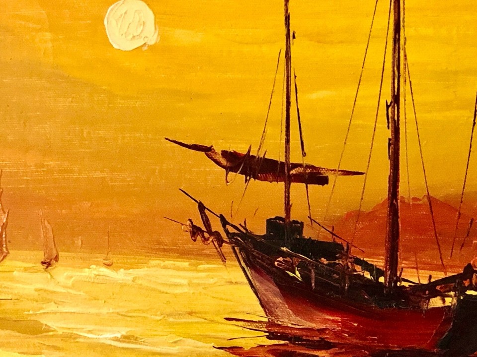 Original Oil Painting Tang Pui Sunset Boats | eBay