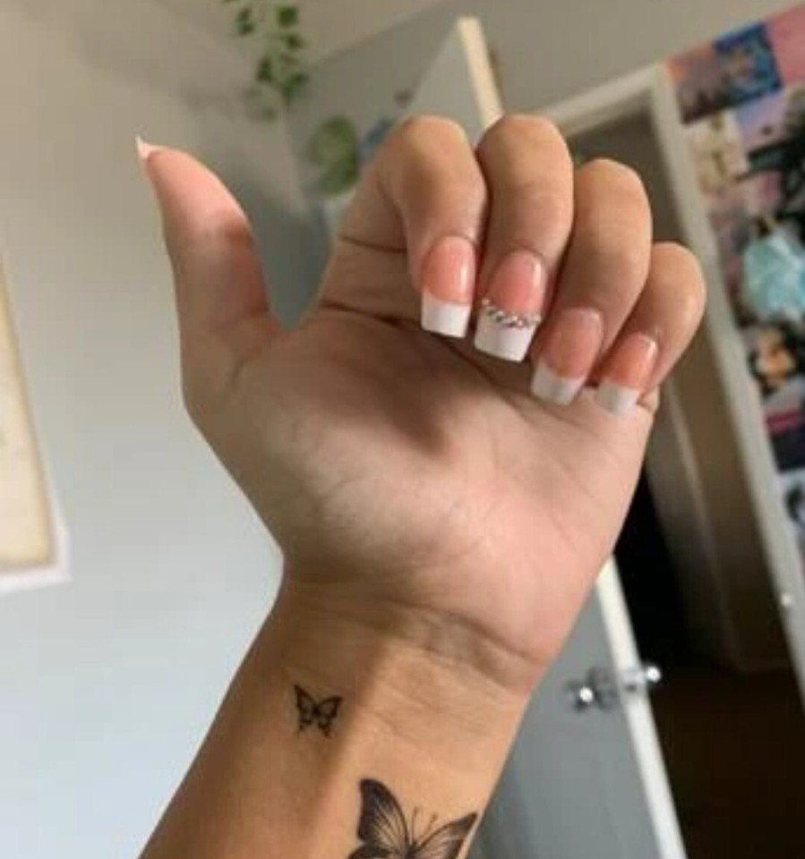 24 Medium Press on nails kit w glue square french mani white tip gems ...