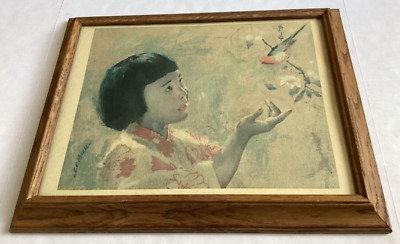 Rare “Asian Girl w Bird” Watercolor Portrait By C.C Beall Vtg Frame ...