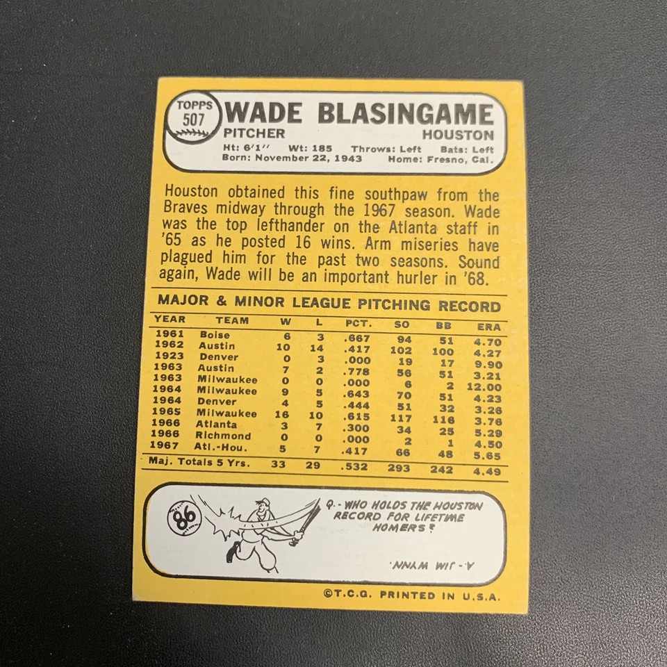 1968 Topps Wade Blasingame # 507 Houston Astros Baseball Card | eBay