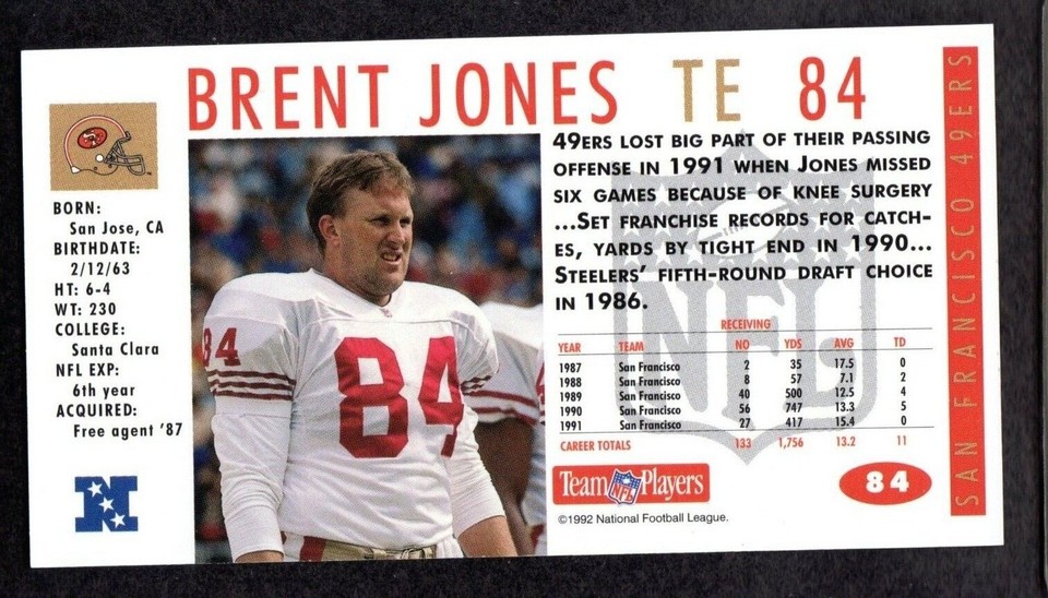 1992 GameDay #84 Brent Jones San Francisco 49ers Football Card NM/MT+ ...