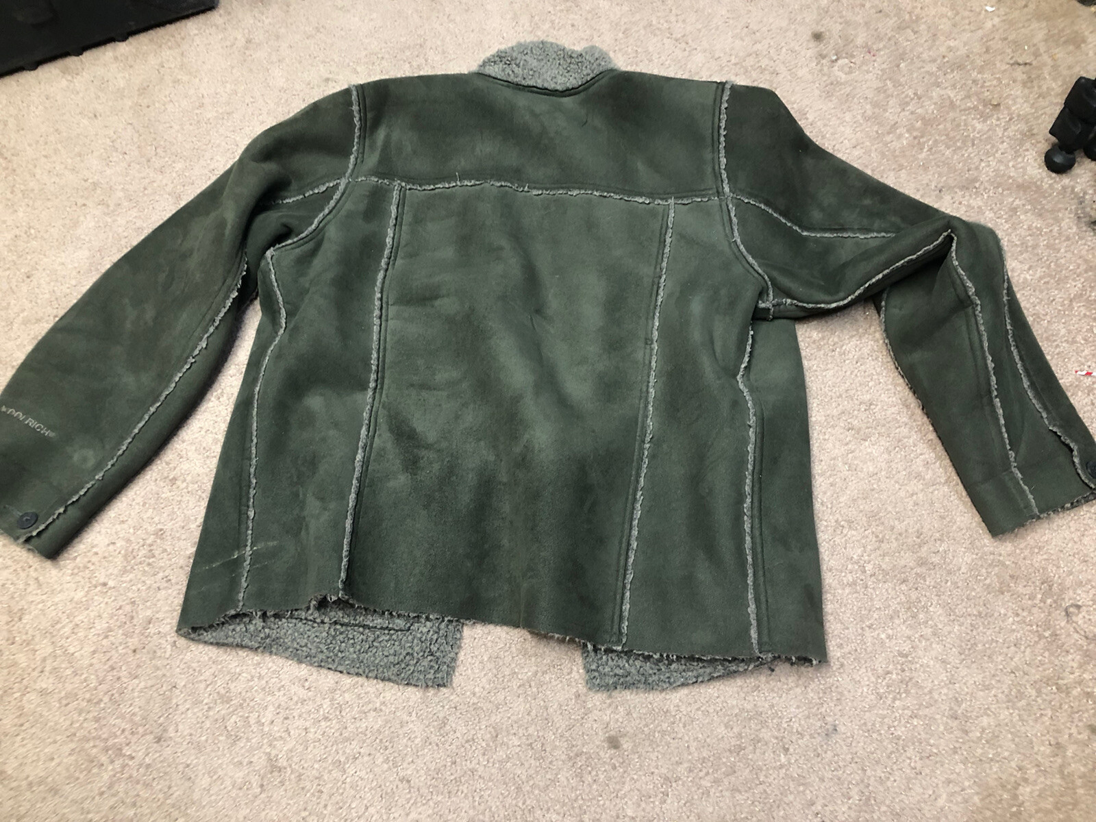 WOOLRICH FAUX SUEDE SHEARLING COAT SHERPA JACKET BUTTON FRONT GREEN M ...