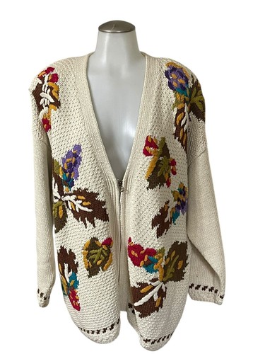 Vintage SK Wear Floral Knit Cardigan Sweater 2X Beige With Zipper 55% ...