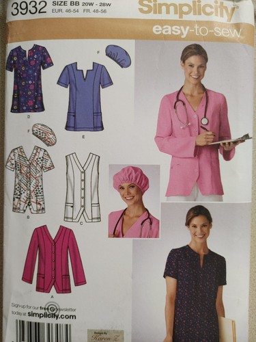 Simplicity Pattern 3932 Women's Plus Scrub Tops Hat Sizes 20 22 24 26 ...