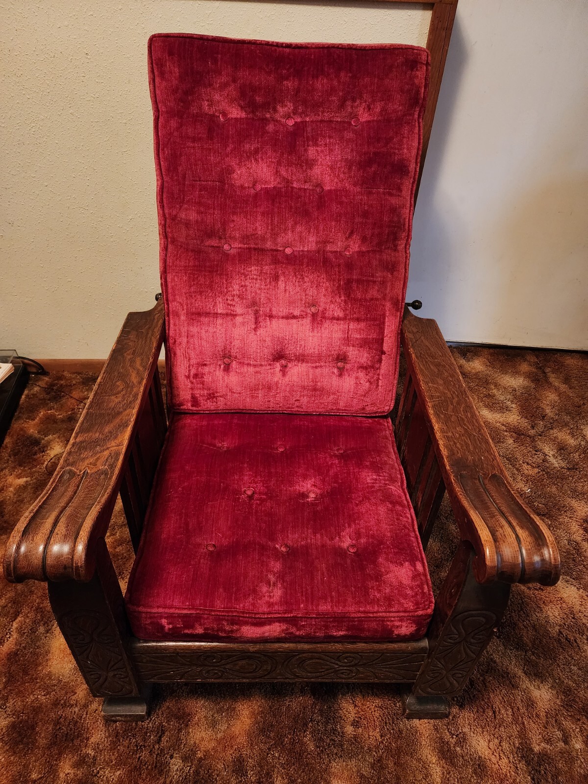 Antique OAK Morris Stickley Mission Recliner Chair RED VELVET, Rare EUC ...