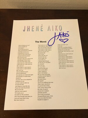 Jhene Aiko The Worst Signed Autographed Lyric Sheet COA E16 | eBay