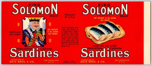 King Solomon Sardines Paper Can Label Playing Card King Art c1936-40's ...