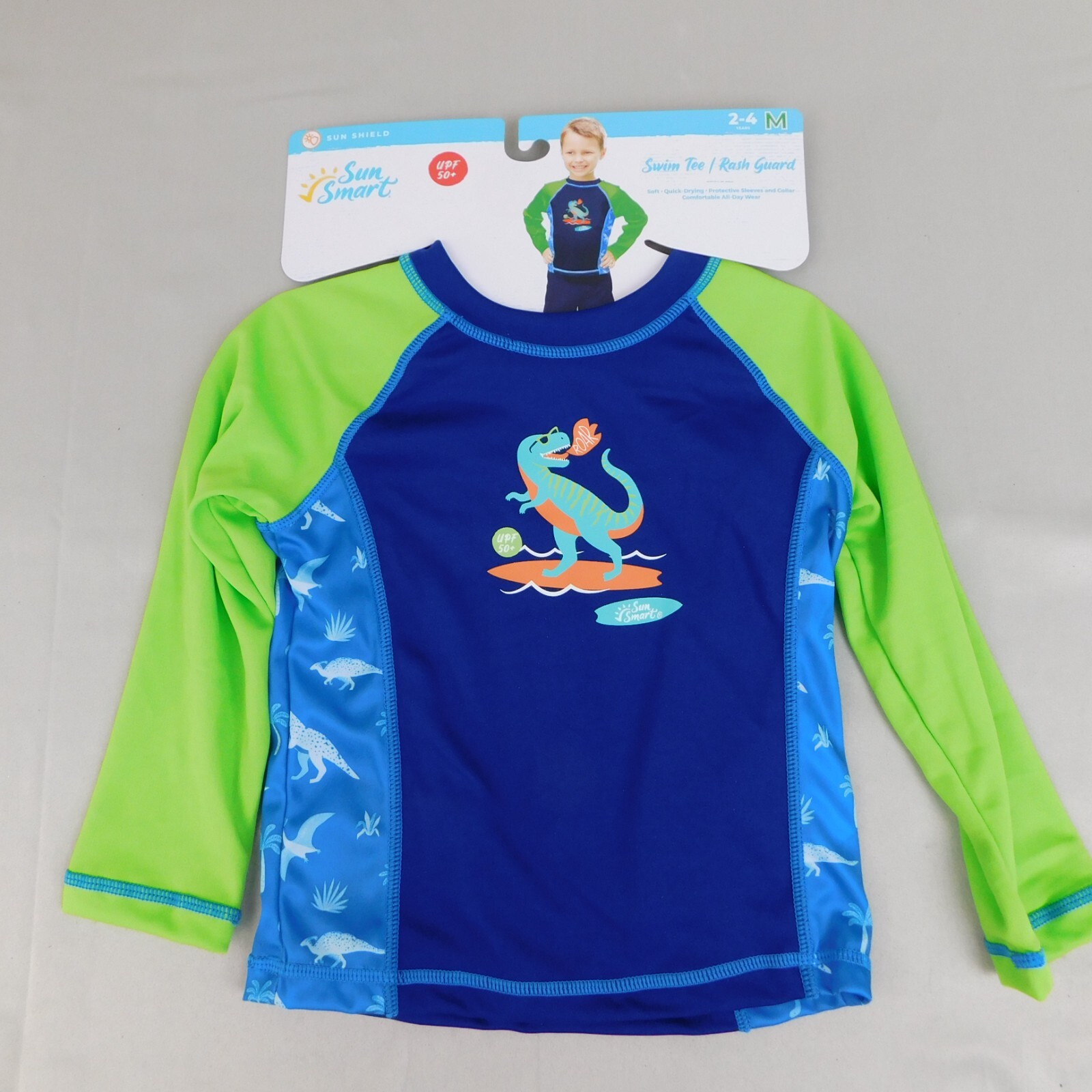 Sun Smart Kids Swim Tee & Rash Guard - Blue Dinosaur - Medium, 2-4 ...