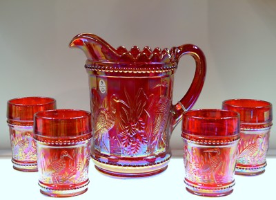 FENTON WATER SET RUBY RED CARNIVAL Stork & Rushes 5501RN nib ...