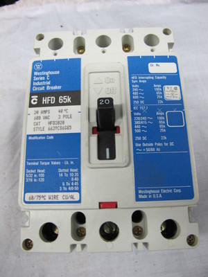 Westinghouse HFD3020 Circuit Breaker 20 Amp 600 Volt 3 Pole 65K ...