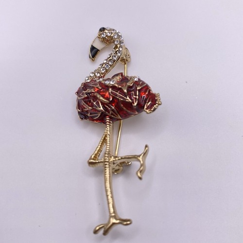FLAMINGO BROOCH Pin Rhinestone Red Enamel Gold Tone Bird Costume ...