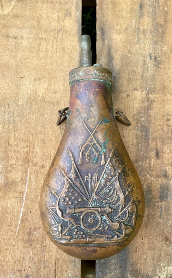 EMPTY Antique Embossed Brass Colts Cannon Design Gun Powder Holder Horn ...