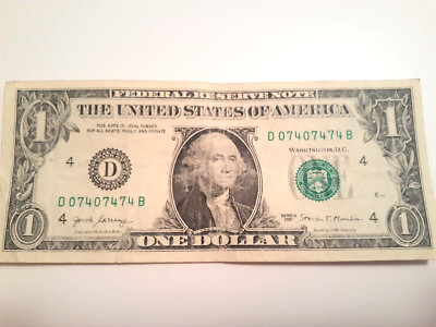 $1 2017 Trinary Note - Rare Repeater Note D07407474B Fancy Serial ...