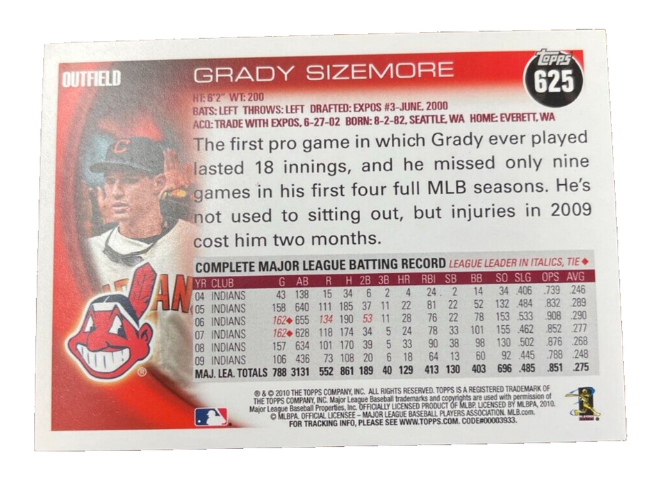 2010 TOPPS CARD # 625 Grady Sizemore - Cleveland Indians | eBay