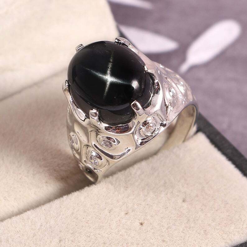Natural Black Star Diopside Ring Men Women 925 Sterling Silver Boho Art ...