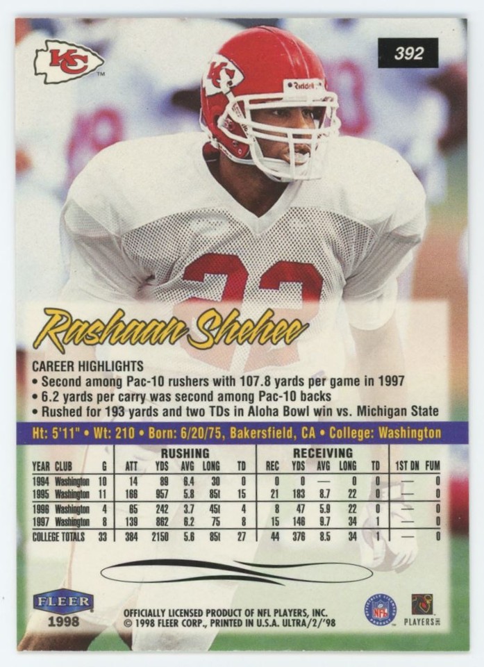 1998 ULTRA RASHAAN SHEHEE RC KANSAS CITY CHIEFS #392 | eBay