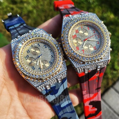 LUXURY HIP HOP ICED CAMOUFLAGE SILICONE BAND SIMULATED DIAMOND BLING ...