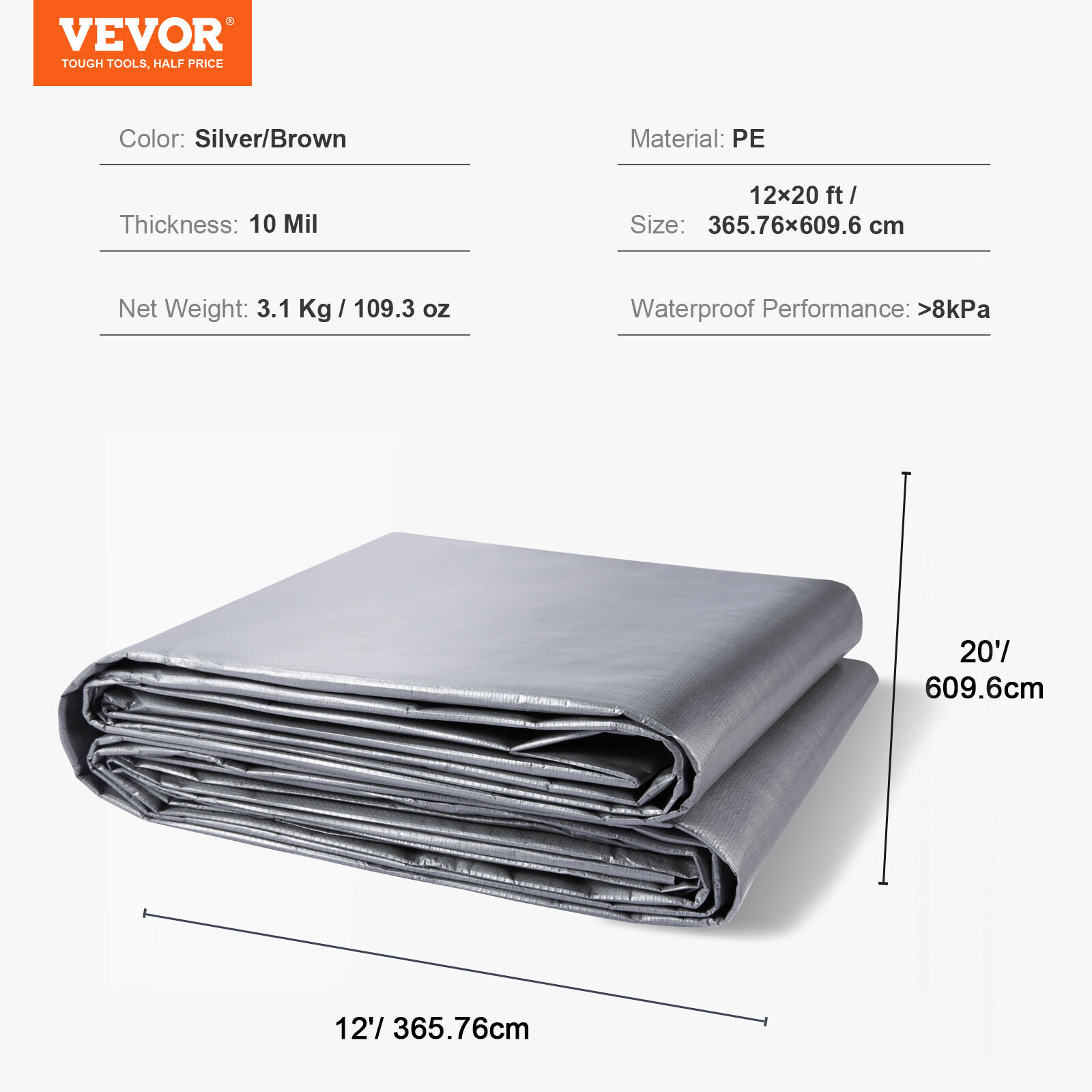 VEVOR Tarp Waterproof Tarpaulin 12 x 20 ft 10 Mil Plastic Poly Tear UV ...