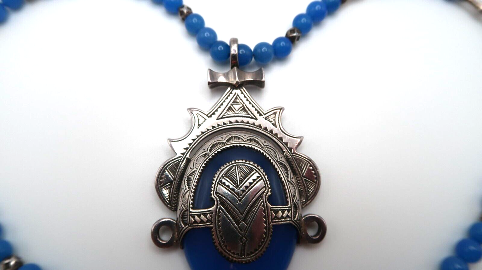 Vintage Blue Hand Made Silver Egyptian Scarab Necklace Signed in Arabic ...