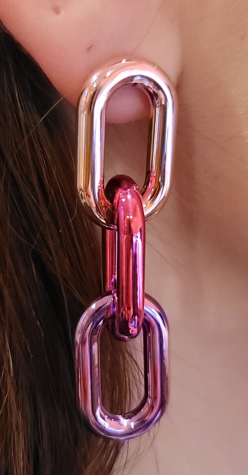 Metallic Purple Pink Acrylic Geometric Chain Link Dangle Earrings 2.5in ...