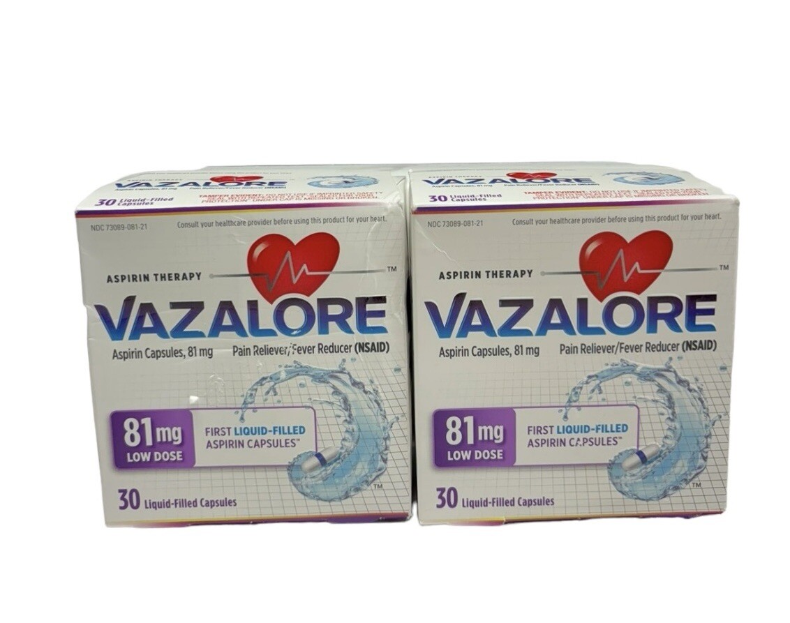 (2) Vazalore Aspirin 81mg Low Dose 30 Liquid-Filled Capsules Exp 1/25 ...