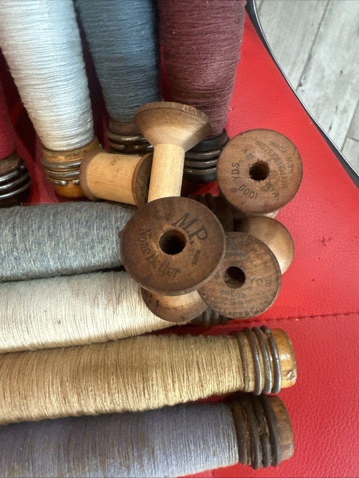 Large Collection of Antique Bobbins-Spools w-Different Color Yarn ...