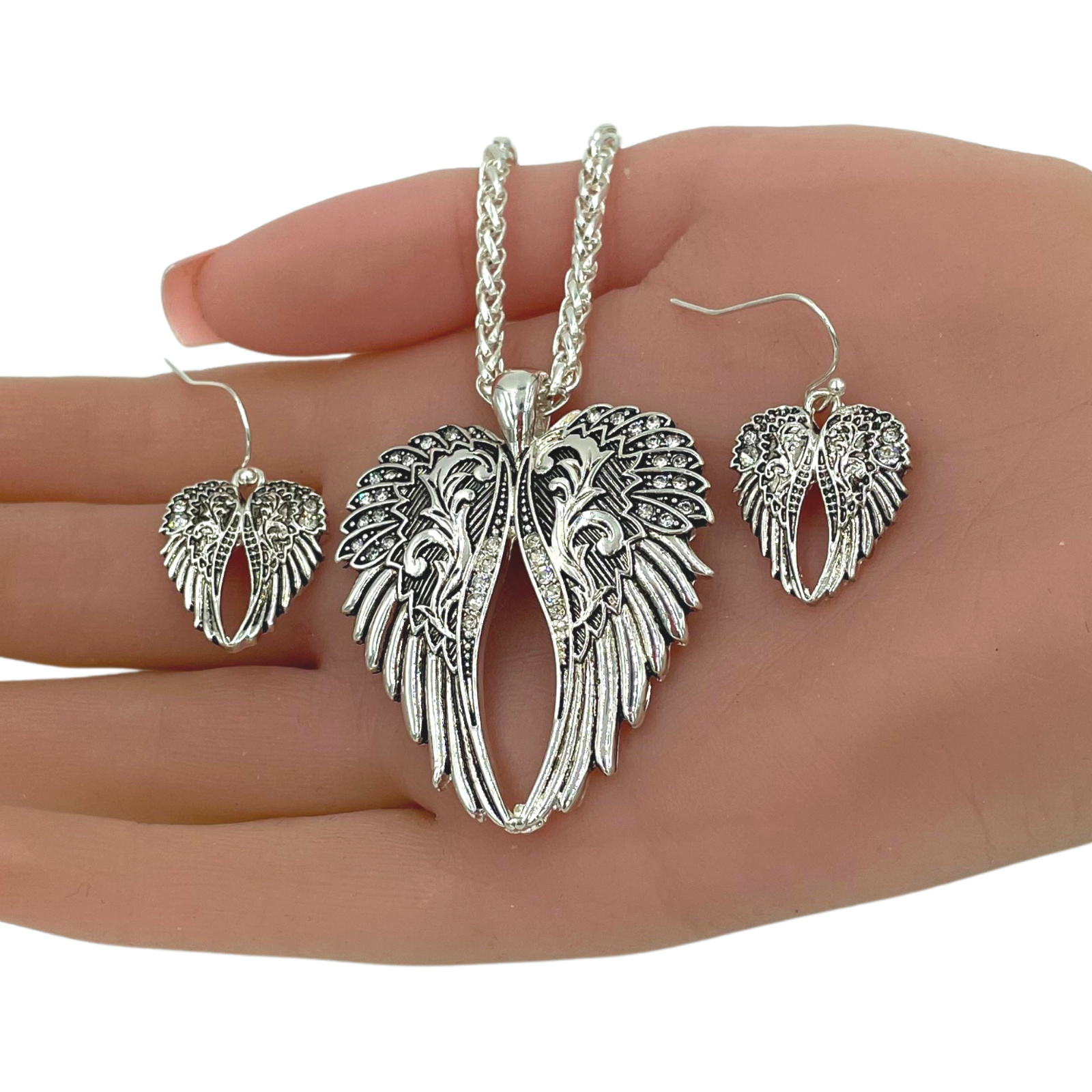Crystal Angel Wings Pendant Necklace and Earrings Set White Gold | eBay