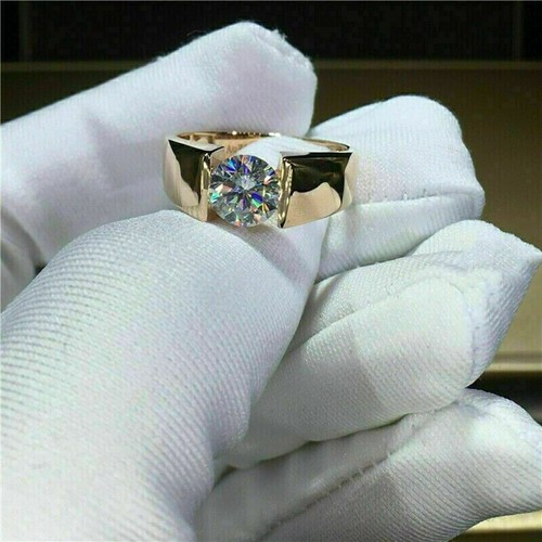 VS1/F Lab Grown Diamond 3 Ct Round-Cut Bezel Wedding Men's Ring 14k ...
