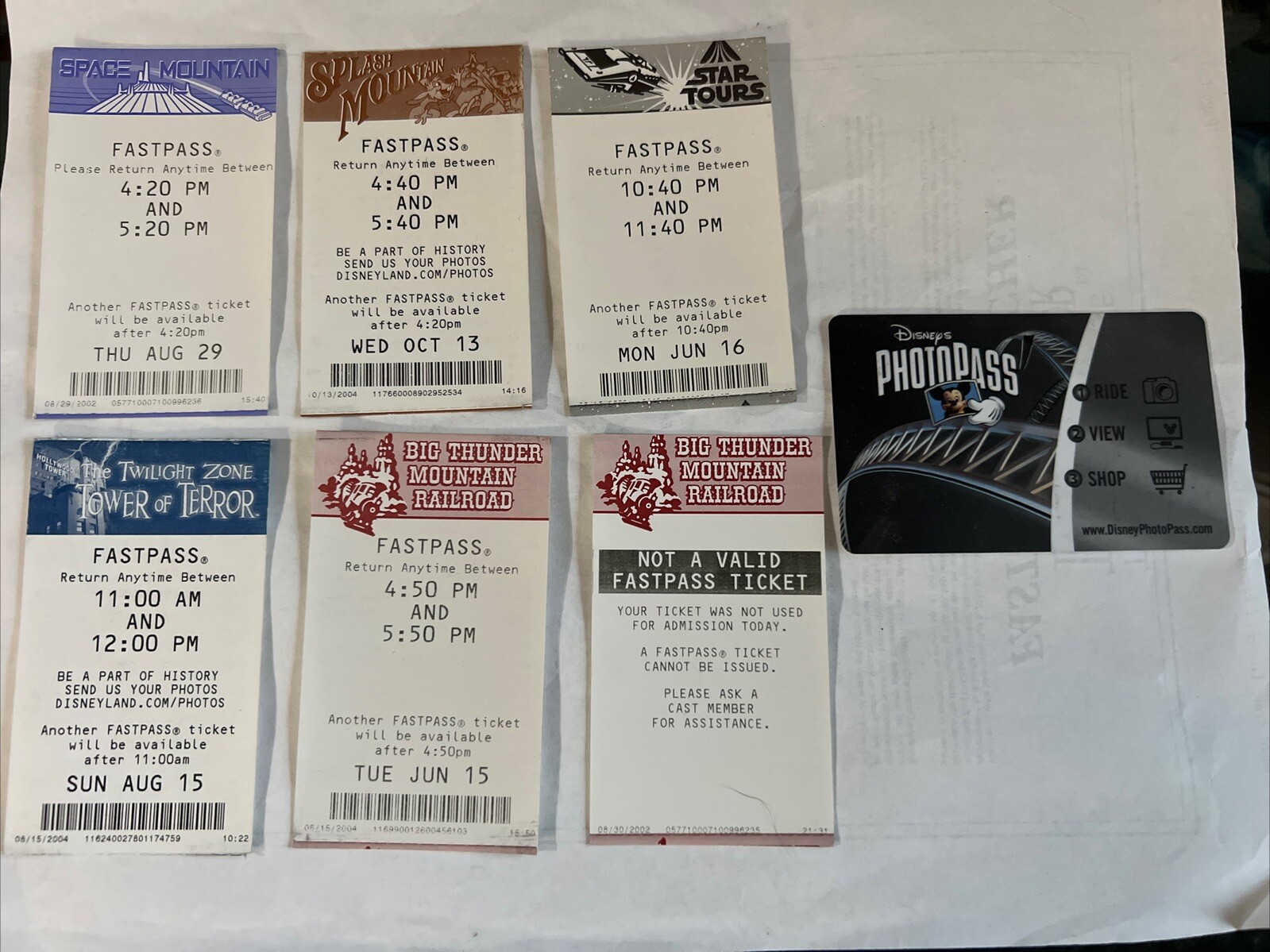 Disneyland California Adventure FastPass Lot of 6 W/ Photopass Splash ...