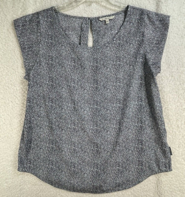 Calvin Klein Blouse Womens Sz L White Black Light Blue Cap Sleeve ...