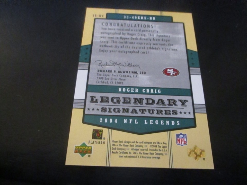 ROGER CRAIG (san francisco 49ers - rb) 2004 UD legendary AUTO CARD #LS ...