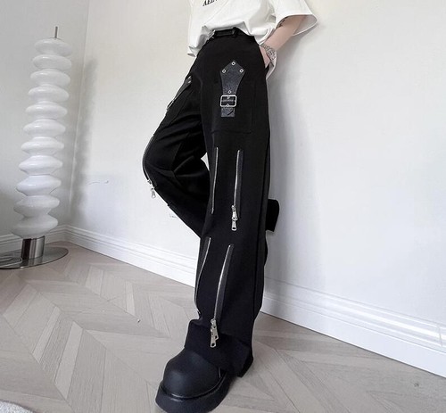 Men's Fashion Punk Gothic Rivet Buckle Strap Zipper Loose Pants Casual ...