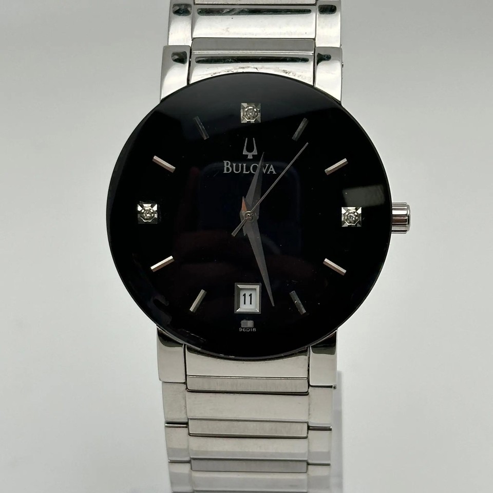 Bulova 35mm Stainless Steel Date Black Diamond Dial Mens Quartz Watch ...