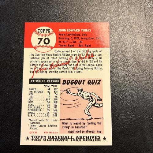 B52 1991 Topps Archives 1953 Reprint #70 Ed Yuhas, St. Louis Cardinals ...