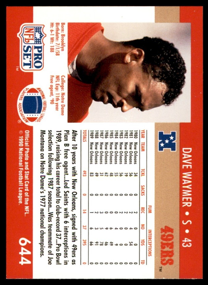 1990 Pro Set Dave Waymer San Francisco 49ers #644 | eBay