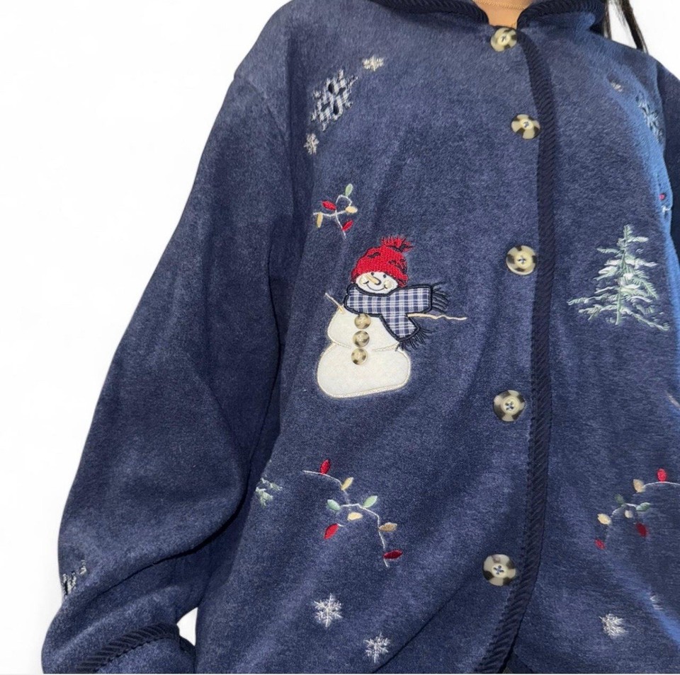 Snowman Embroidered Blue Button-Up Sweater Jacket | eBay