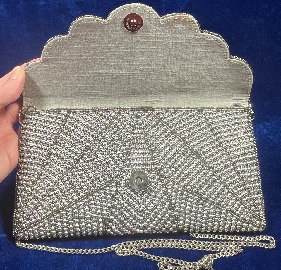 Silver Beaded Clutch Purse And Chain With Scallop / Spider Web Inspired ...