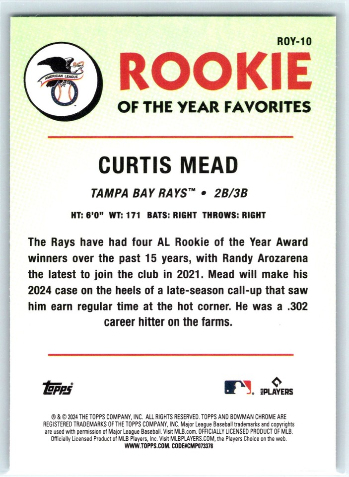 2024 Bowman #ROY-10 Curtis Mead Rookie of the Year Favorites Mojo ...