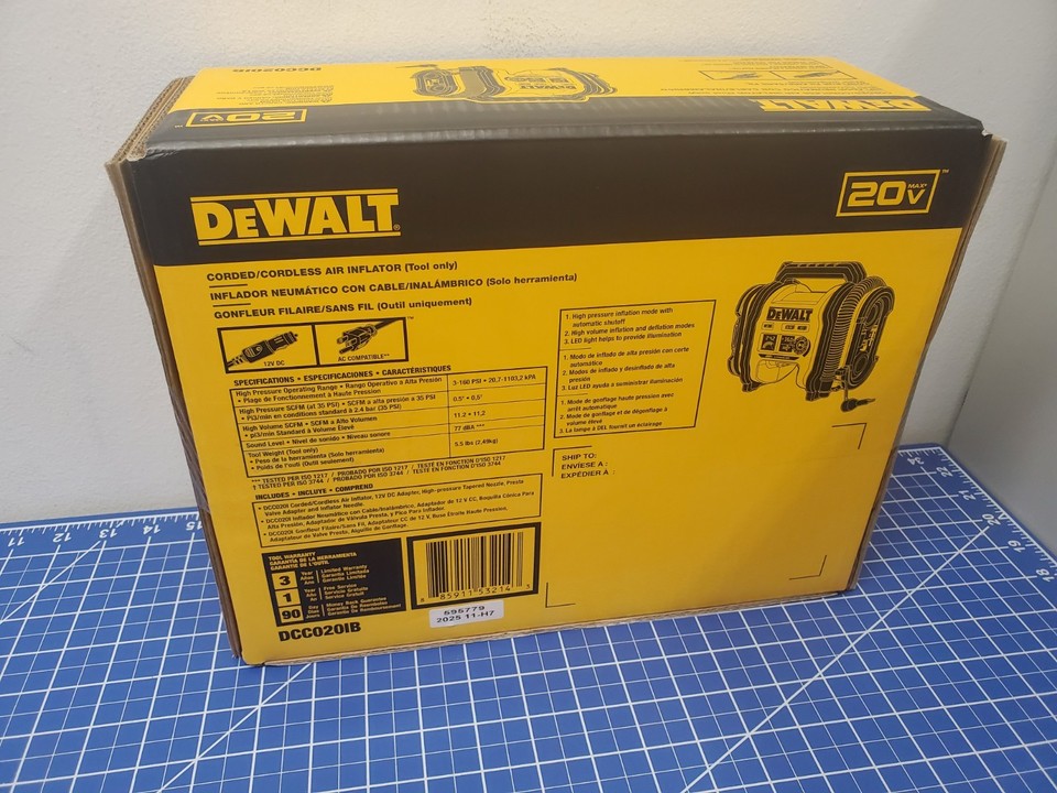 Dewalt DCC0201B 20Vt MAX Corded & Cordless Air Inflator 160 psi 20V ...