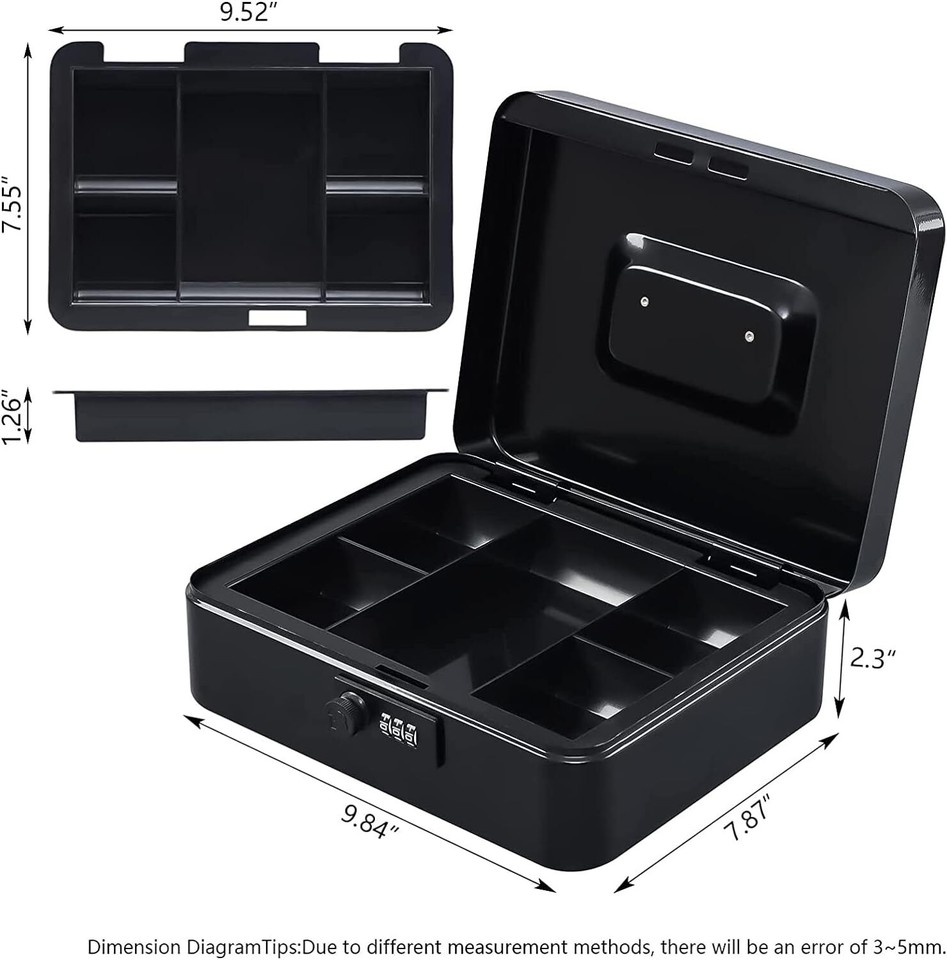 Large Cash Box with Combination Lock Safe Metal Money Box with Money ...