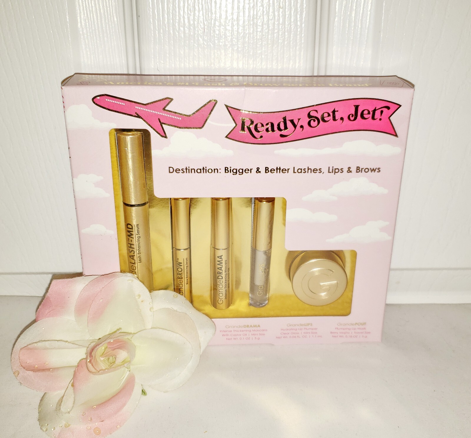 Grande Cosmetics Ready Set Jet GrandeLASH GrandeBROW Serum Lips Pout ...