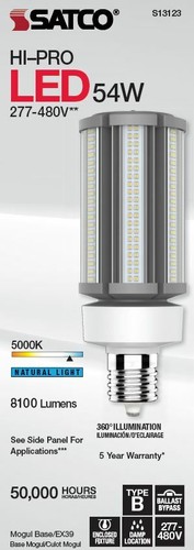 Satco S13123 LED HID Replacement Corncob 54W 277-480V Mogul Screw EX39 ...